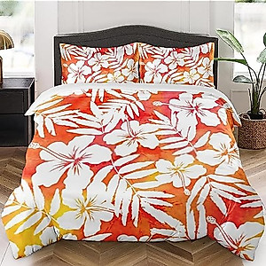 Duvet Cover Full Size, Red Hibiscus Hawaiian Flower Bedding Set with Zipper Closure for Kids and Adults, Surf Floral Tropical Comforter Cover with 2 Pillow Shams for Bedroom Bed Decor
