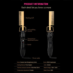 Homfu Electric Hot Comb Hair Straightening Heat Pressing Comb Ceramic Curling Flat Iron Curlers Designed Hair Hot Comb Straightener,Portable Travel Anti-Scald Beard Straightener Press Comb