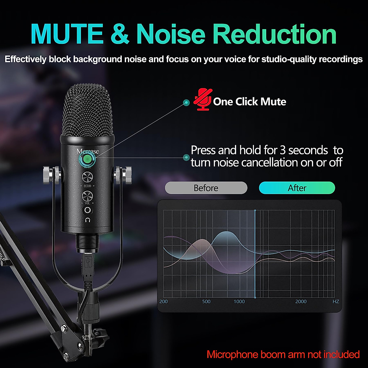 Mercase USB Condenser Microphone for Podcasting, Streaming, Recording on Phone, PC, Mac, PS4/PS5,Plug & Play, Quick Mute, with Adjustable Boom Arm Stand