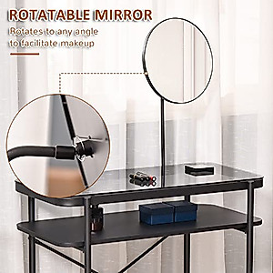 HOMCOM Modern Glasstop Vanity Table with Mirror, Makeup Dressing Table with Rotating Round Mirror, Shelves for Perfumes, Cosmetics, Lotions, Black