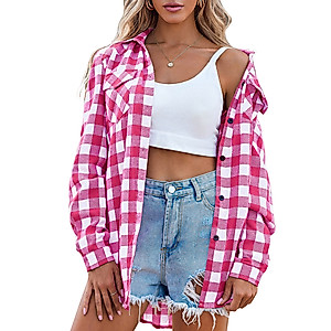Zeagoo Womens Pink Plaid Shirt, Roll up Sleeve Casual Boyfriend Button Down Flannel Shirts,Rose,Large