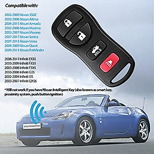 Remote Key Replacement for FCCID: KBRASTU15 CWTWB1U733 fits for 2003 2004 2005 2006 2007 2008 2009 Nissan 350Z Altima Nissan Armada Maxima Murano Quest/ 2007-2015 Nissan Sentra Versa Keyless Entry
