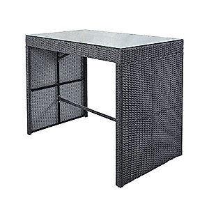 5-Piece Outdoor Patio Wicker Bar Set, Garden PE Rattan Wicker Dining Table, Square Stool Set, Glass Tabletop, High-Dining Bistro Set with 4 Stools and 1 Wood Table (Grey2-5PCS)