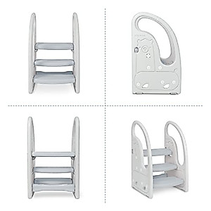 Toddler 3 Step Stool Onasti Kids Standing Tower for Toddlers Plastic Learning Helper Stool for Kitchen Counter Bathroom Sink Toilet Potty Training with Handles and Non-Slip Pads-Grey White