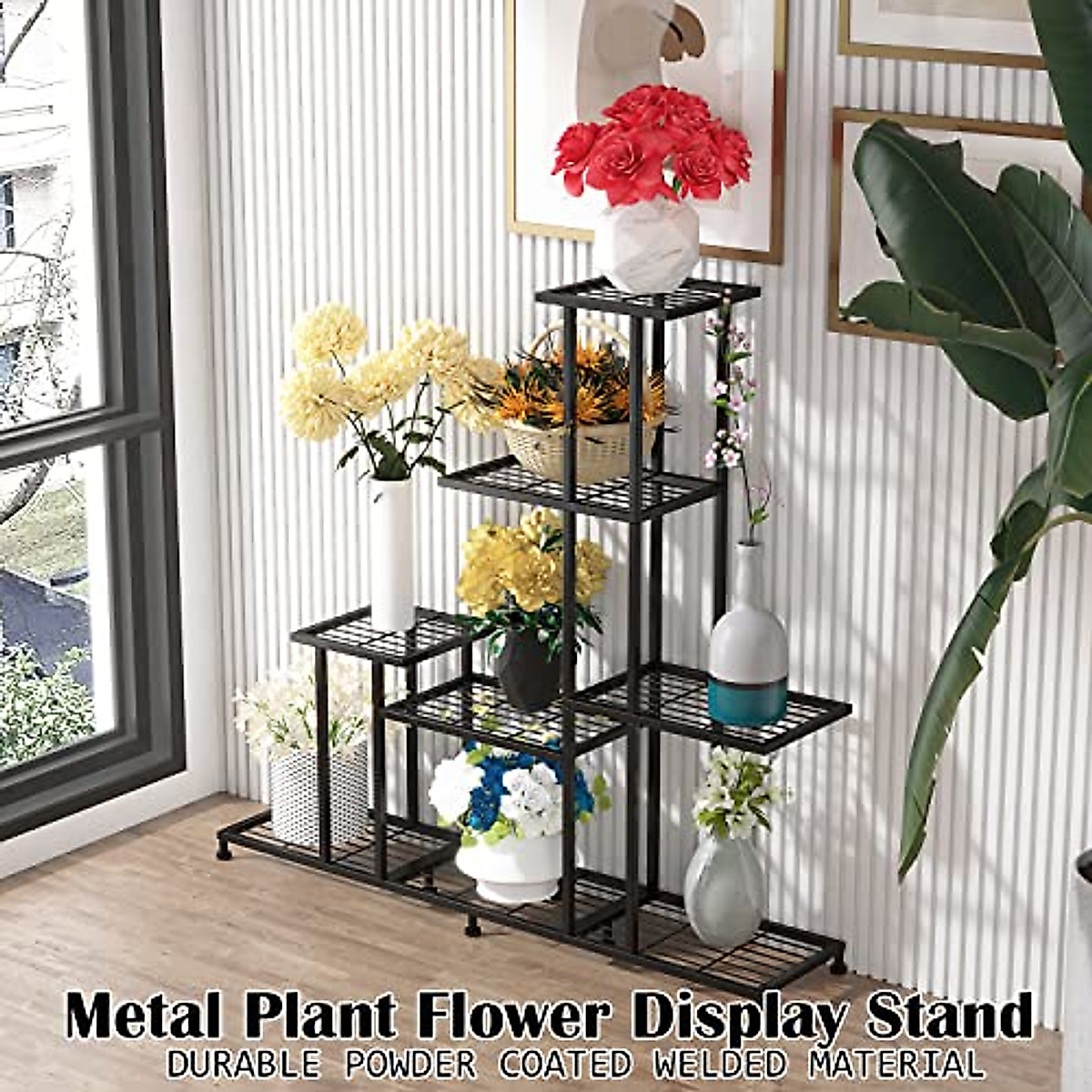 Metal Plant Stand, 5 Tiers Multifunctional Plant Stands for Indoor Plants, Decorative Black Steel Plant Shelf for Indoor Outdoor Patio Garden Balcony and Yard(5 tiers 12 pots)
