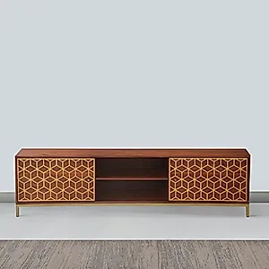 The Urban Port Kalyn 75-Inch Handcrafted TV Media Console Entertainment Center, 2 Doors, Center Shelf, Geometric Design Print, Brown Acacia Wood, Brass