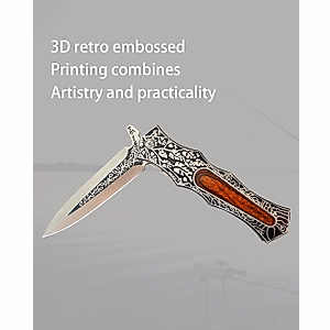 SELUCREH Folding Knife Stainless Steel Blade with 3D Retro Embossed Pattern, Pocket Clip for Men,Sharp Camping Survival Hiking Knives (Sword Type)