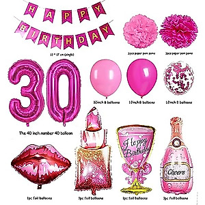 Crenics Rose Pink 30th Birthday Decorations for Women - Happy Birthday Banner, Paper Pom Poms, 30 Number Balloon, Lipstick Champagne Balloons and 24 Latex Balloons for Women 30 Birthday Party Supplies