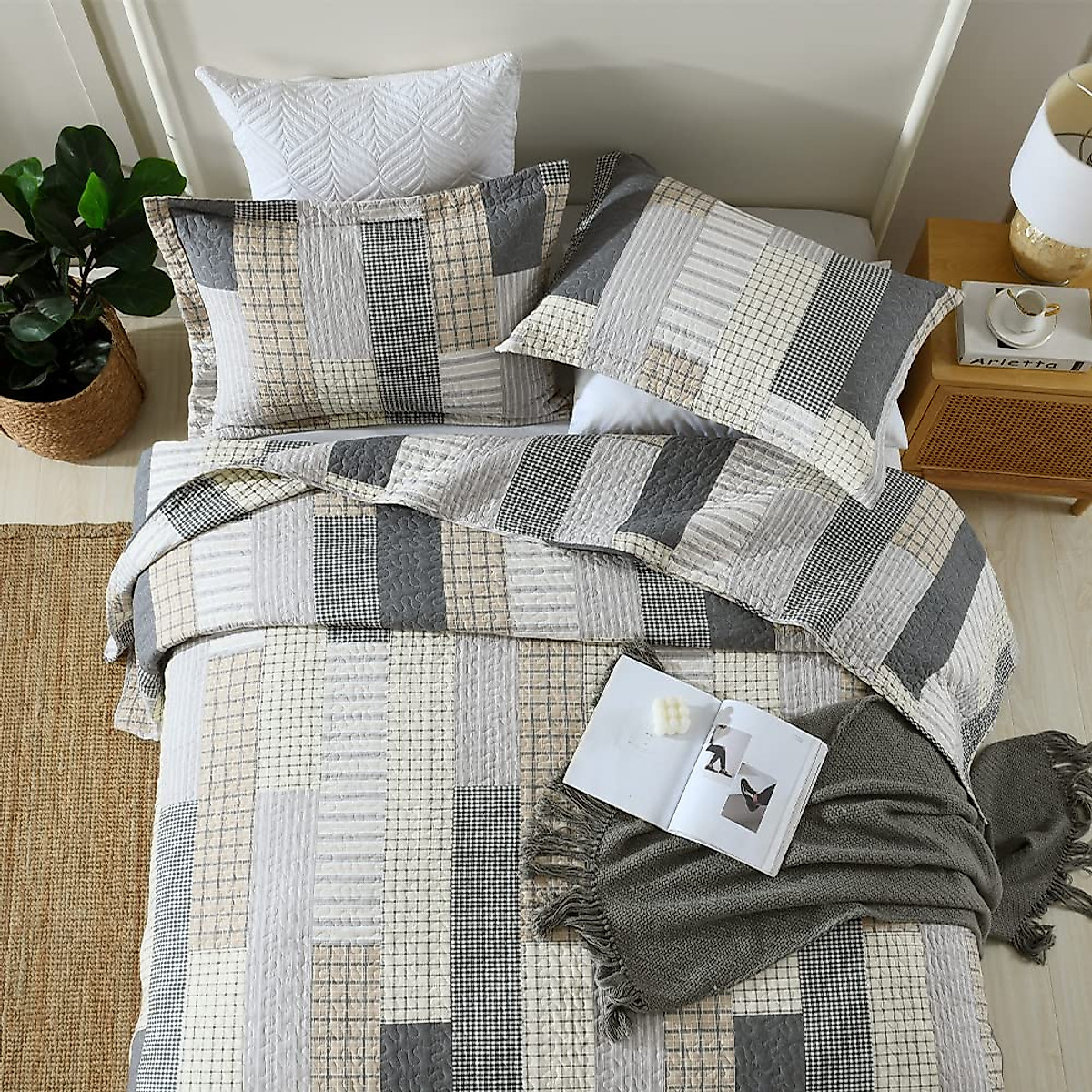 Cinefoso Queen Size Quilt, Patchwork Plaid Quilt Set Queen Size 100% Cotton Farmhouse Plaid Bedspread Lightweight & Reversible Quilt Bedding Set All-Season 3-Pieces