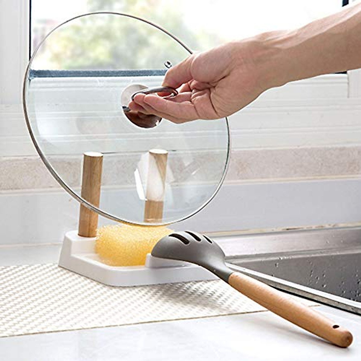 XJJZS Wooden Pot Rack Spoon Holder Pan Cover Lid Rest Stand Home Applicance Drain Rack The Goods for Kitchen Accessories