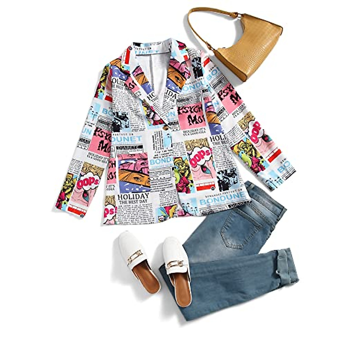 WDIRARA Women's Newspaper Pop Art Print Button Front Long Sleeve Casual Blazer Jacket Multicolored L