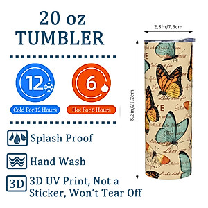 Srucddu Romantic Butterfly 20oz Insulated Tumbler With Lid And Straw, 3d Print Vacuum Travel Coffee Mug Stainless Steel Coffee Tumbler Cup Butterfly Tumbler Butterfly Gifts for Women