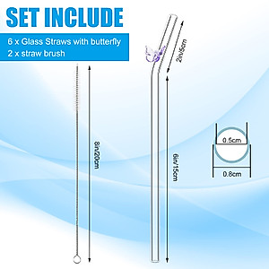 eBoot 6 Pcs Reusable Glass Straws Bent with Design, 8 mm x 7.9 in Colorful Clear Straws Glass with Cleaning Brush for Smoothie Cocktail Juice Shakes Beverages (Bright Colors, Butterfly)
