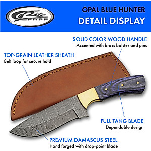 SZCO Supplies 9" Opal Blue Wood Handled Damascus Steel Drop Point Outdoor Hunting Knife With Sheath