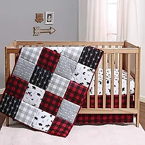 The Peanutshell Buffalo Plaid Crib Bedding Set for Boys or Girls, Woodland Animals, 3 Pieces