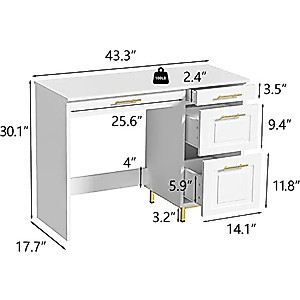 HOMBCK White Desk with Drawers, Modern White and Gold Desk with Drawers, Home Office Desk Small Computer Desk for Bedroom, Vanity Desk with 4 Drawers & Spacious Desktop, White/Gold