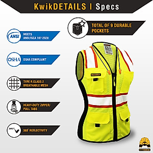 KwikSafety FIRST LADY Safety Vest for Women [SNUG-FIT] 9 Pockets, Class 2 Custom High Visibility Reflective ANSI OSHA Fitted Construction Work PPE/Yellow Small
