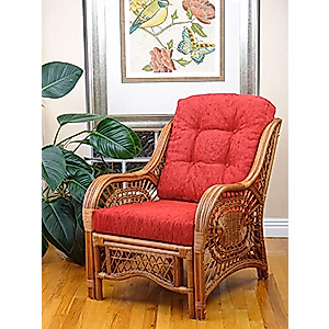 Malibu Lounge Living Accent Armchair Natural Rattan Wicker Handmade Design with Red Cushion, Colonial