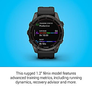 Garmin fenix 7S Sapphire Solar, Smaller adventure smartwatch, with Solar Charging Capabilities, Rugged watch with GPS, touchscreen, wellness features, carbon gray DLC titanium with black band