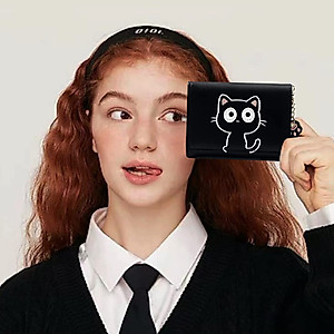 Sunwel Fashion Cute Little Cat Pattern Small Wallet Credit Card Holder Cash Pockets ID Window with Paw Pendant (BLACK, Tri-fold)