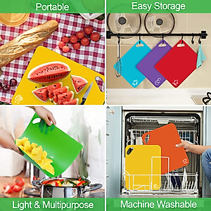 Flexible Plastic Cutting Board Mats, Set of 6 Colorful Chopping Boards, Cutting Boards for Kitchen Dishwasher Safe, Cutting Mat For Cooking with Food Icons Kitchen Gifts for Women, BPA Free, Non-slip