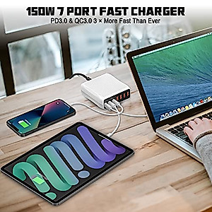 USB C Charger, 150W 7 Port USB C Charging Station 3 USB C and 4 USB A Portable USB C Wall Charger Laptop Power PD Adpter Fast Charger for with iPhone 14 Pro Max, MacBook, iPad Pro, Samsung, Google ect