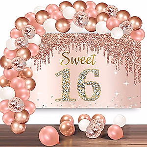Rose Gold Sweet 16th Birthday Banner Backdrop with Confetti Balloon Garland Arch, Happy 16 Birthday Banner Balloon Set for Girls, Pink Sixteen Bday Poster Photo Booth Decor