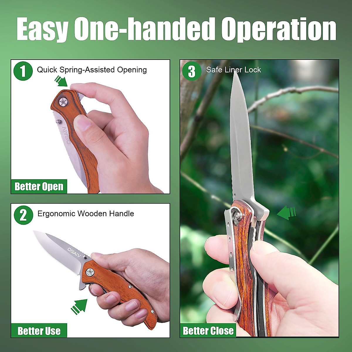 osaiv Pocket Folding Wood Knife Set, Speed Safe Opening EDC Tactical Foldable Knives with Lock, Small Sharp Camping Survival Hiking Knife, Ideal Gift for Men Women-Wood Color Handle