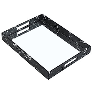 Vixdonos Decorative Serving Tray Marble Black Leather Tray Mirror Ottoman Tray with Handles for Coffee,Candle Holders,16.2'' X 12.2" X 2''