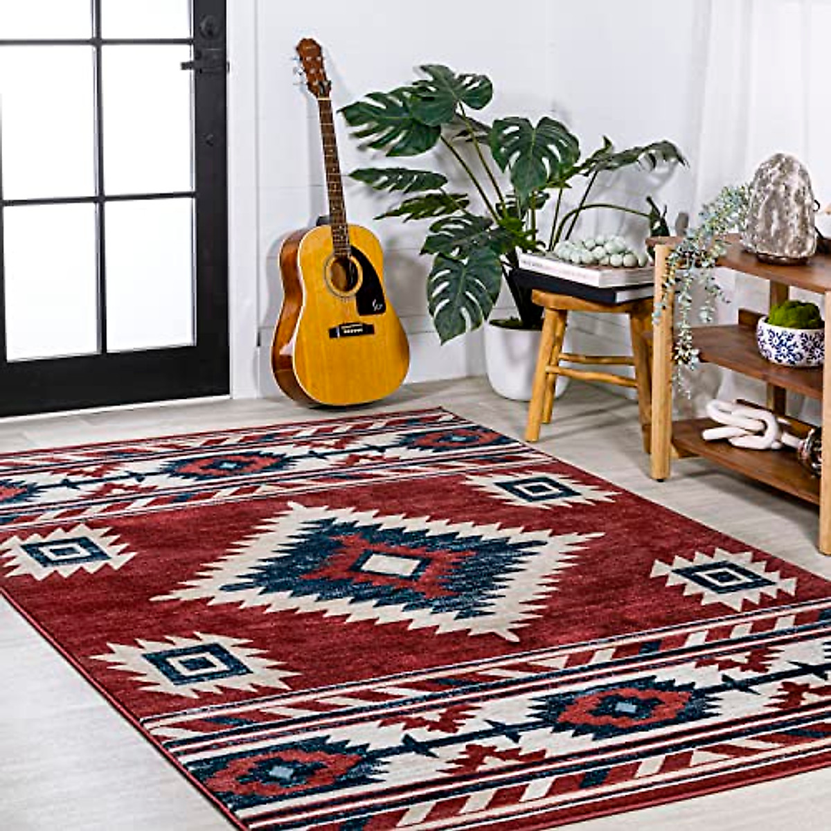JONATHAN Y SWC100A-8 Serape Medallion Southwestern Indoor Area Rug, Southwestern, Geometric, Country, Bedroom, Kitchen, Living Room, Easy-Cleaning, Non-Shedding, 8 X 10, Red/Navy/Cream