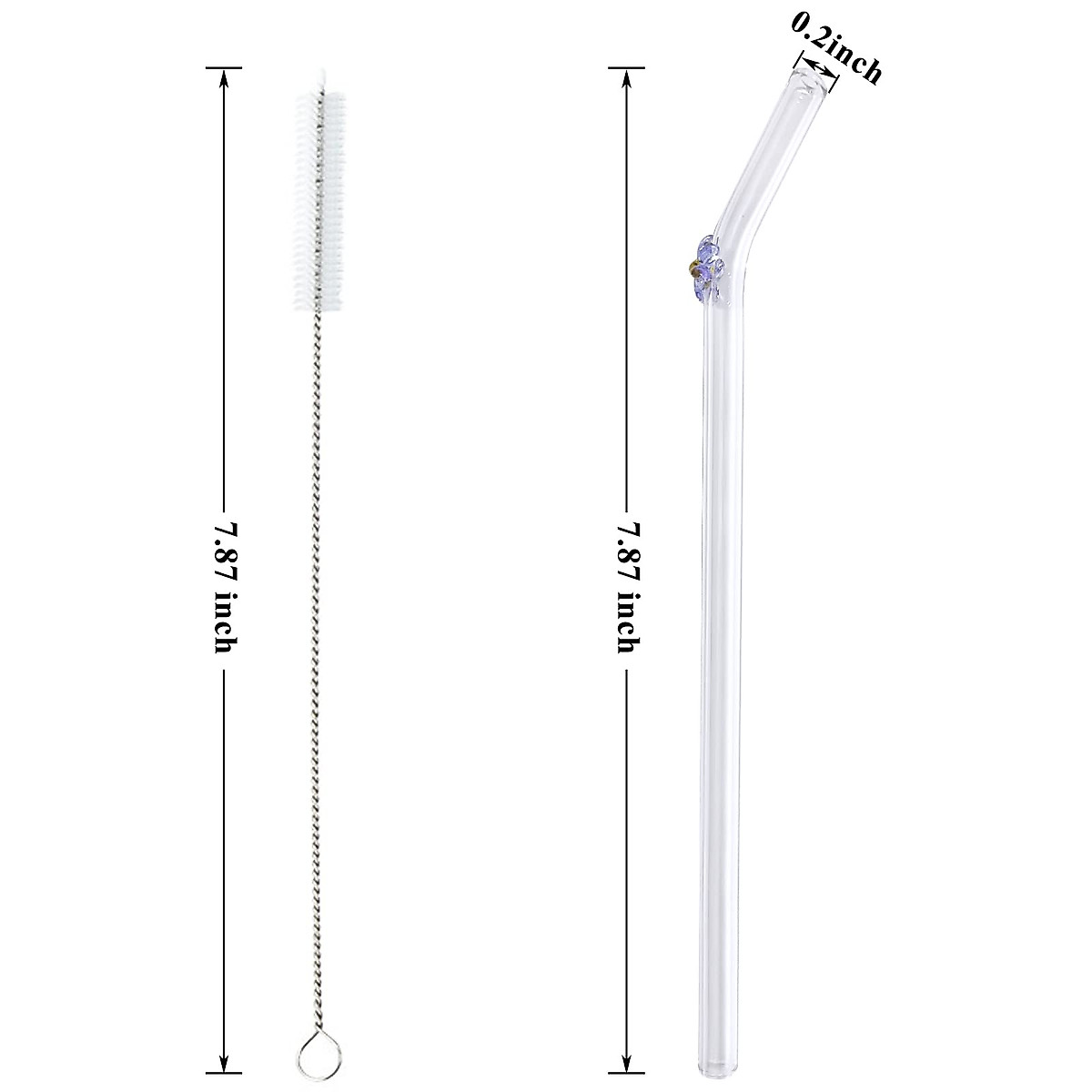 6pcs Glass Straws Shatter Resistant, Colorful Flower Glass Straws with Design,7.9in X 8 mm Bend Glass Reusable Straw with 2 Cleaning Brushes for Smoothies, Milkshakes, Juices, Teas(Transparent)