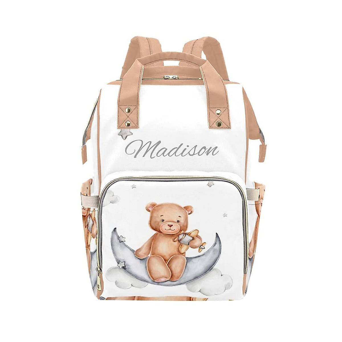 NZOOHY Teddy Bear Sits on Moon Personalized Name Diaper Bag Tote, Custom Waterproof Nursing Baby Bag Mummy Backpack for Mom Travel Outdoor 15'' X 10.83'' X 6.69''