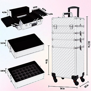 AROUS Rolling Makeup Train Case Large Storage Cosmetic Trolley 4 in 1 Large Capacity Trolley Makeup Travel Case with Key Swivel Wheels Salon Barber Case Traveling Cart Trunk, Silver