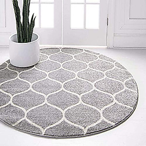 Unique Loom Trellis Frieze Collection Area Rug - Rounded (7' Round, Light Gray/ Ivory)