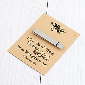 BEKECH Cross Tie Clips for Men Christian Faith Gift Philippians 4:13 First Communion Tie Tacks for Minister Clergy Officiant Groom Father of the Bride Wedding Day Tie Clip, S, Stainless Steel, /na