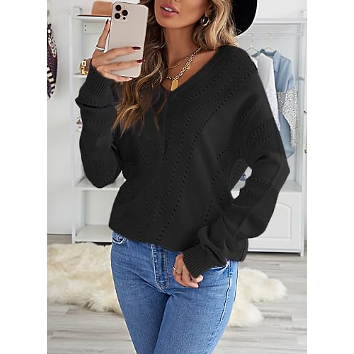 EVALESS Women's Cute Long Sleeve Striped Sweaters Fall V Neck Sweater Tops 2023 Color Block Loose Knitted Pullover Sweaters Black Small