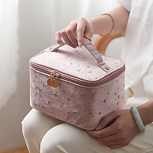 HOYOFO Velvet Makeup Bag with Handle Cosmetic Bags with Makeup Brush Holder Travel Make up Bag for Women, A Pink