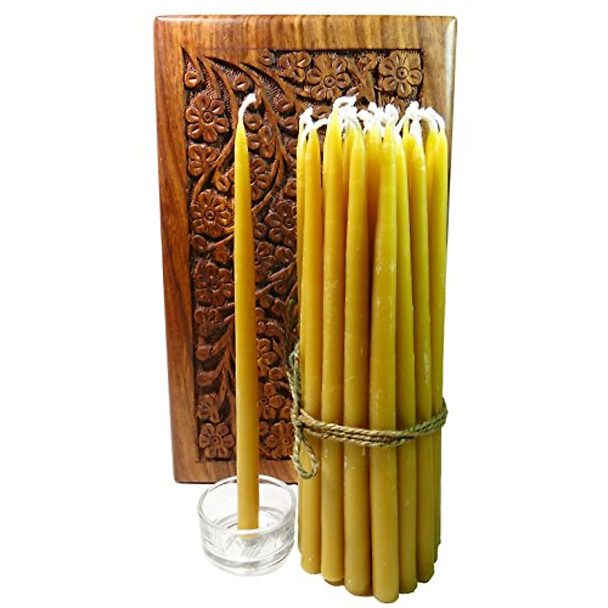 BCandle 100% Beeswax 2-Hour Candles Organic Hand Made - 7 1/2 Inch Tall, 3/8 Inch Diameter (Pack of 36), Wood Box
