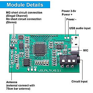 2 Pieces Digital FM Transmitter Module Stereo FM Transmitter DSP PLL 76.0-108.0MHz Stereo Frequency Modulation with LCD Display Line/USB/Mic Input, DC 3.0V - 5.0V
