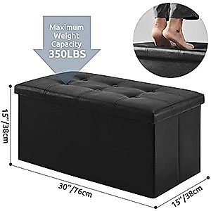 YOUDENOVA 30 inches Folding Storage Ottoman, 80L Storage Bench for Bedroom and Hallway, Faux Leather Black Footrest with Foam Padded Seat, Support 350lbs