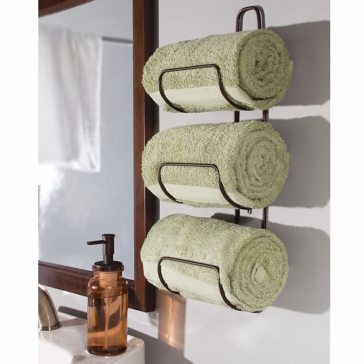 mDesign Metal Wall Mount 3 Level Bathroom Towel Rack Holder & Organizer - for Storage of Towels, Washcloths, Hand Towels, Robes - 2 Pack - Bronze
