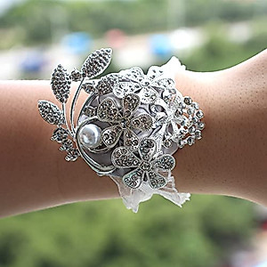 WANLIAN Wrist Corsage with Peal and Rhinestone Corsage and Boutonniere Set for Wedding,Prom,Party (Silver Gray，2 Pieces)
