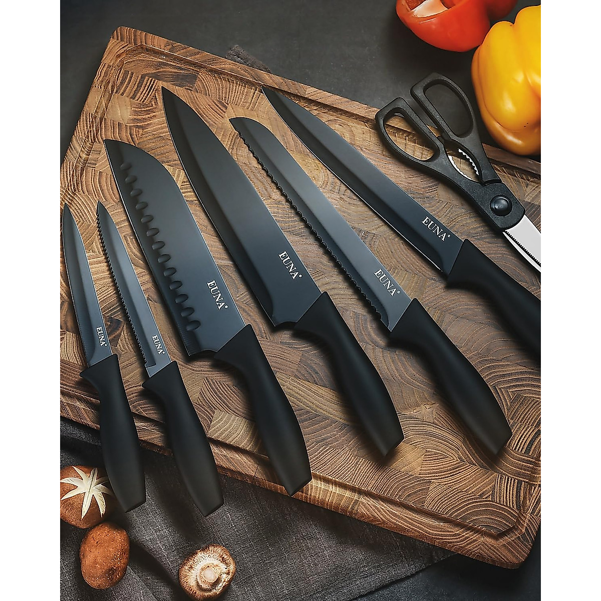 EUNA Kitchen Knife Set, 19 PCS Black Knife Set with Acrylic Block and Sharpener, German High-Carbon Stainless Steel Knife Sets with 6 Serrated Steak Knives, Bread Knife, Chef Knife, Dishwasher Safe