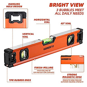 URASISTO 16 Inch Torpedo Level, Magnetic Level Tool with 45°/90°/180° Bubbles, Aluminum Alloy Construction, Shock Resistant Bubble Level Tool(400mm)