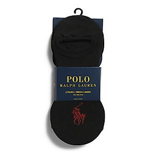 Polo Ralph Lauren Men's Socks Polyester/Spandex Blend 3 Pairs Dress Liners, Non-Slip Heel Black (6-12.5 M US)