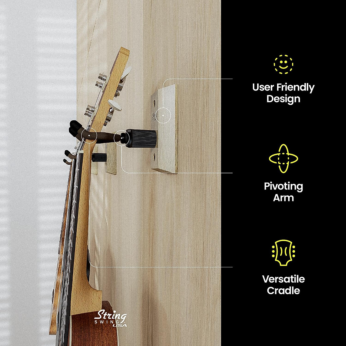 String Swing Wall Mount Ukulele Hanger Hardwood Ukele or Mandolin Wall Mount Pineapple Tenor Concert Compatible for Home & Studio CC01UK-A - Ash