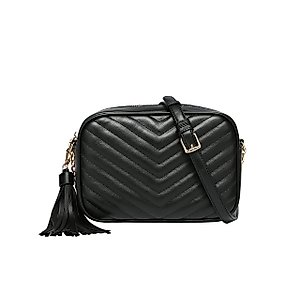 Daisy Rose Quilted Chevron Shoulder Cross Body Bag & Detachable Tassel, PU Vegan Leather - Black