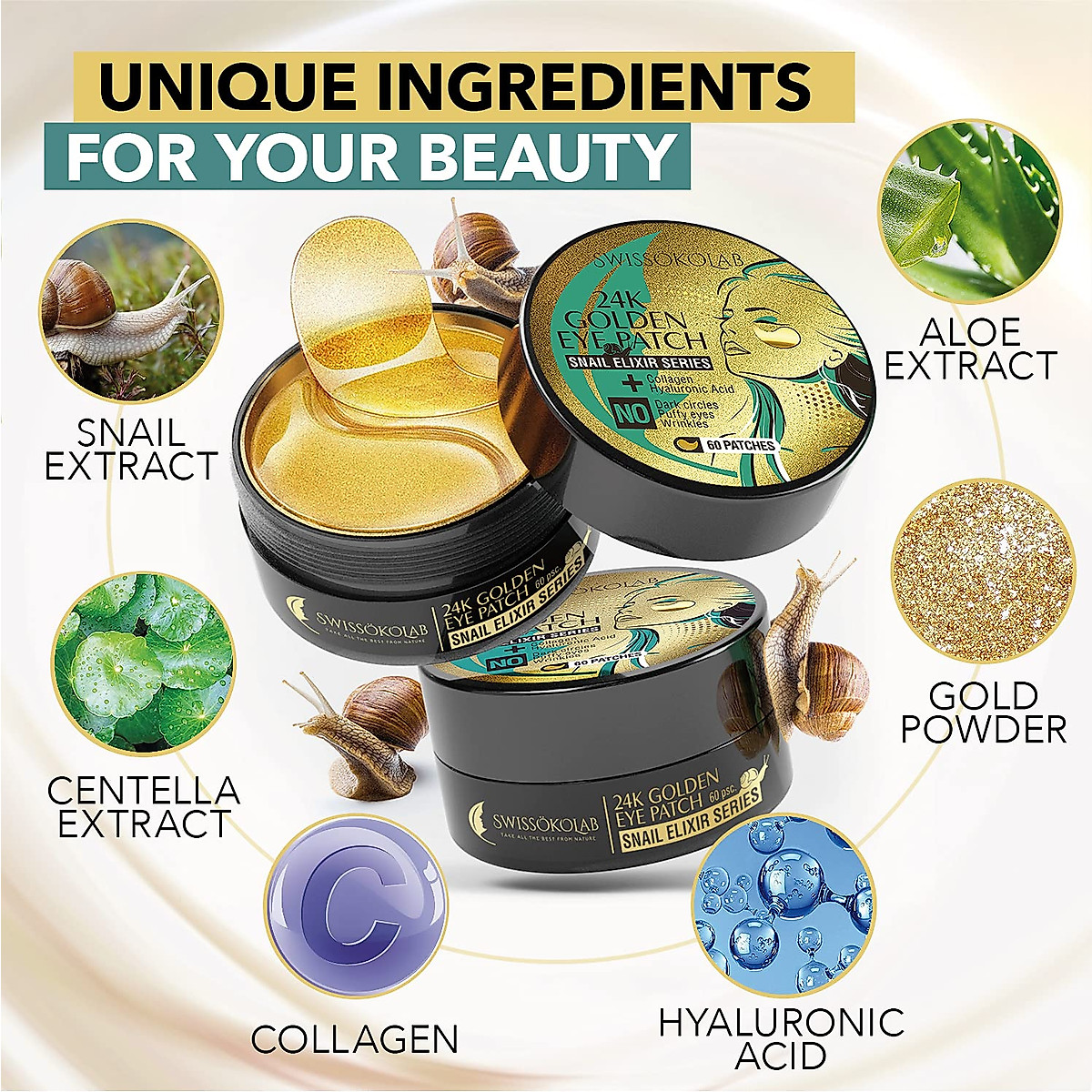 SWISSÖKOLAB Under Eye Patches For Puffy Eyes 24k Gold Eye Mask Dark Circles And Puffiness Collagen Eye Gel Pads Moisturizing & Reducing Wrinkles Anti-Aging Hyaluronic Acid (Snail Series)