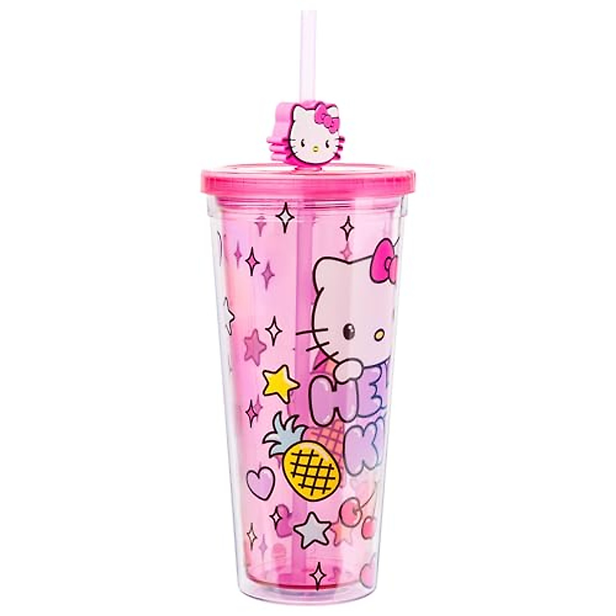 Silver Buffalo Sanrio Hello Kitty Kawaii Cute Hearts and Sparkle Plastic Cold Cup with Lid and Straw Topper, 24 Ounces
