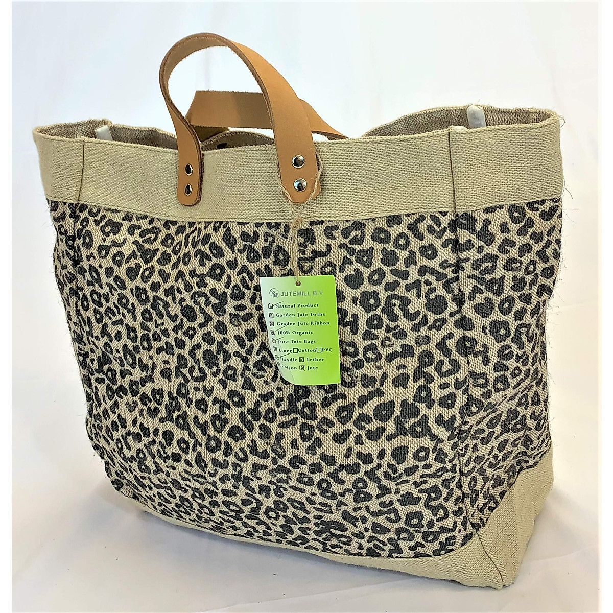 Burlap tote Bag with Leather handle, Animal print Size : 14" X 11" X 6", Thick burlap canvas women hand bags